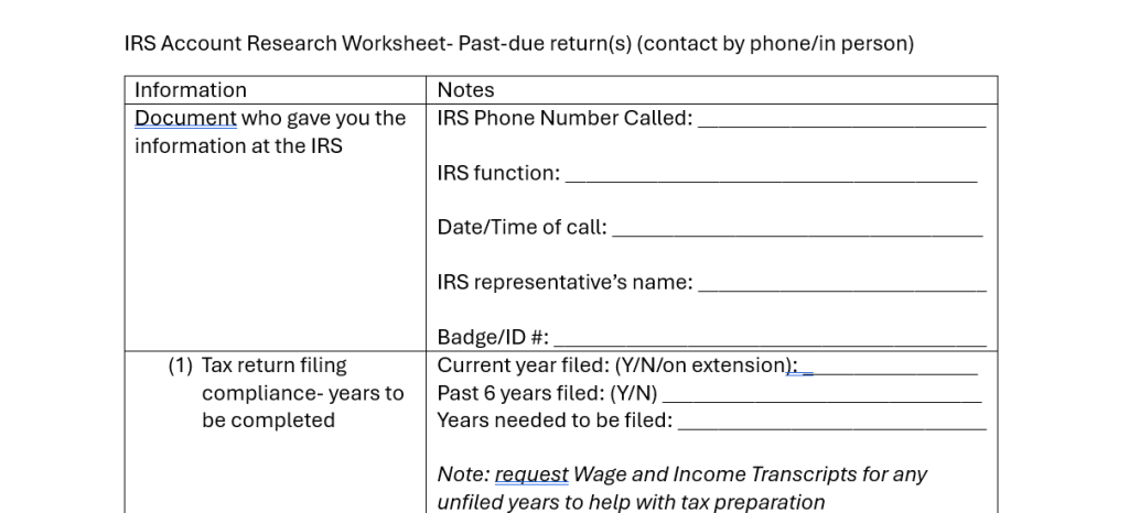 Tax Problems and Solutions Handbook | IRS Account Research Worksheet ...