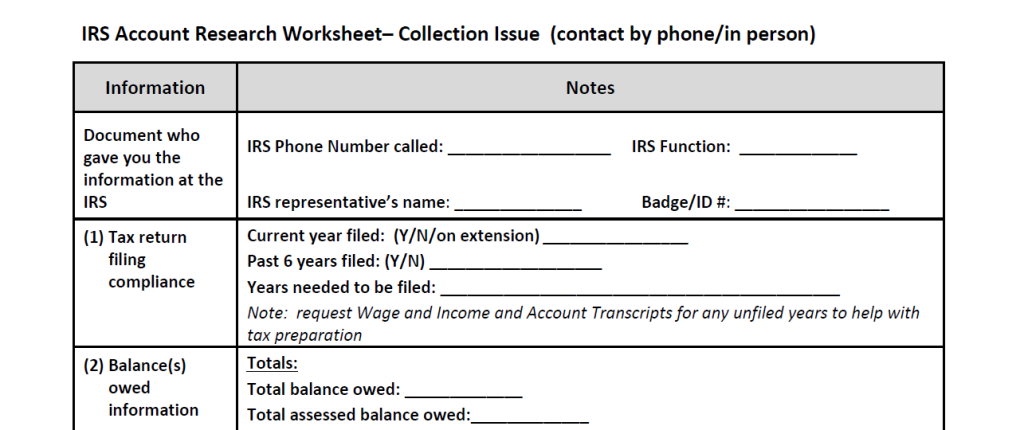 IRS Account Research Worksheet — Collection Issue (Contact by Phone/in ...