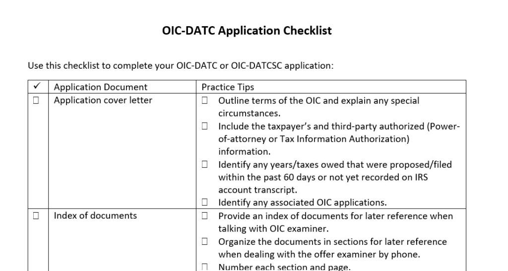 Tax Problems and Solutions Handbook | Offer in Compromise- DATC Application Checklist